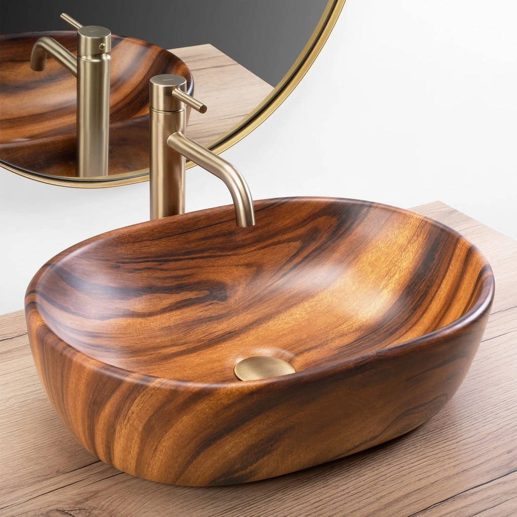 Rea Amelia Wood, umyvadlo na desku 480x345x135 mm, imitace dřeva-hnědá matná, REA-U5060