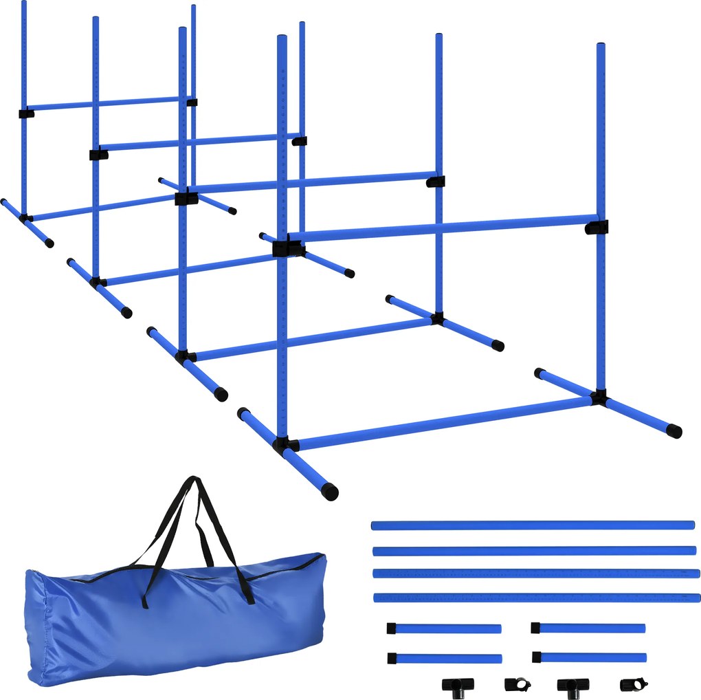 PawHut agility set pro psy 4-dílný 99x65x94 cm výškově nastavitelný se 2 překážkovými tyčemi 2 slalomovými tyčemi a 4 plastovými zemními tyčemi Modrá…