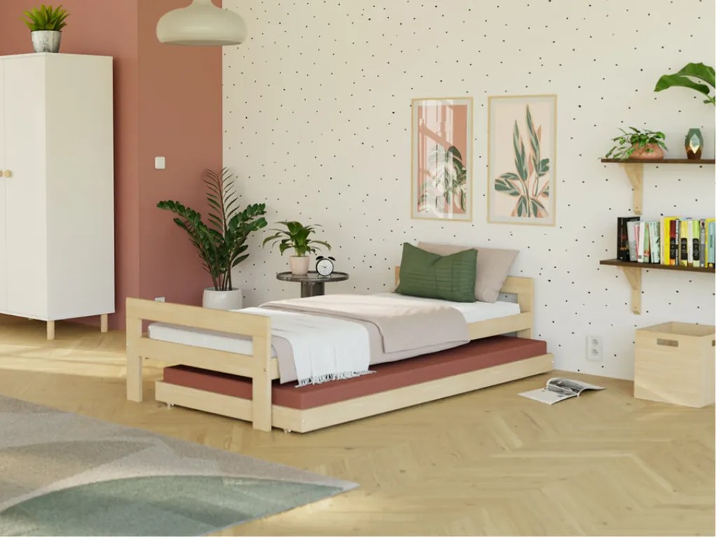 Benlemi Dřevěná výsuvná přistýlka SLEEP pod postel na kolečkách Zvolte barvu: Cihlová, Zvolte rozměr: 90x150 cm (pod postel 90x160 cm), Zvolte typ: Pro postel FENCE