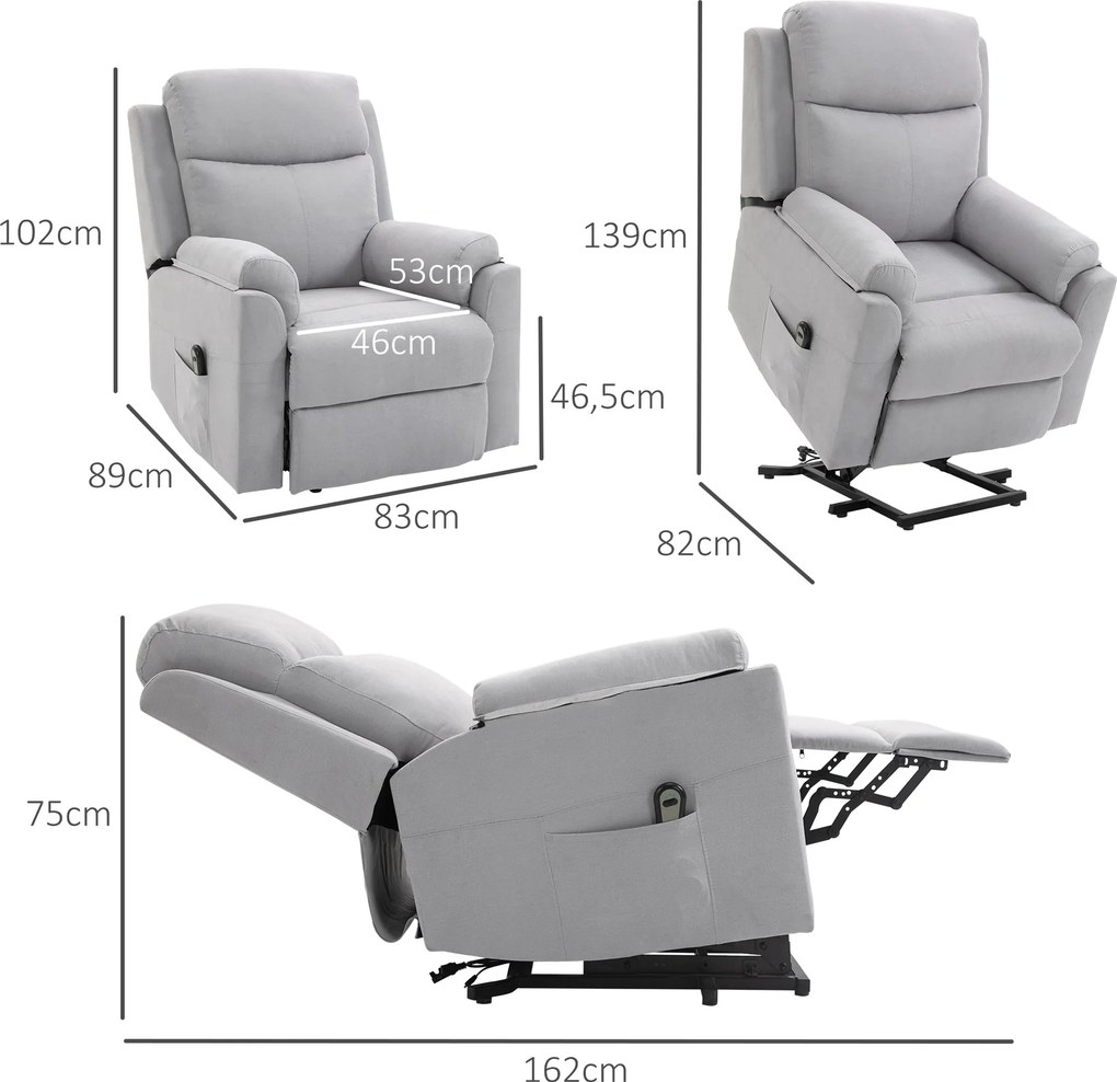 Elektrická stojací židle HOMCOM s funkcí polohování pro seniory, světle šedá na dotek lnu 83 x 89 x 102 cm, pohodlná pomůcka pro stání | Aosom.de