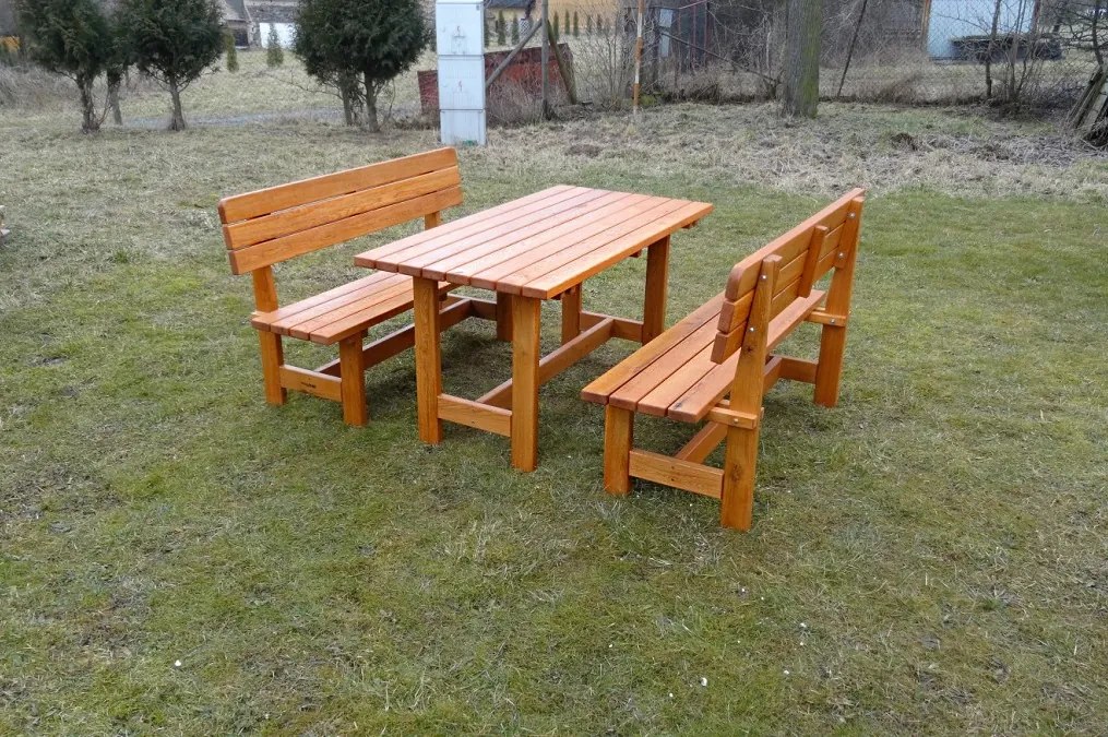 KULHÁNEK Zahradní dubová sestava - stůl, 2x lavice s opěradlem (klasické provedení) Délka: 150 cm, Odstín nátěru: lazura - teak