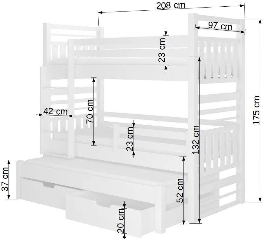 ADRK Furniture Třílůžková patrová postel s matracemi HIPPO 200x90 CH-Hip-W+P-208+M-E1902