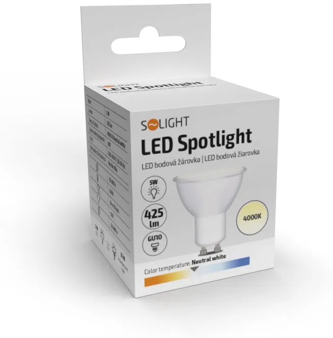 SOLIGHT LED žárovka bodová PAR16 5W, GU10, 4000K, 425lm, studená bílá