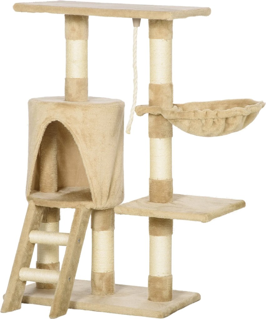 PawHut Kočičí Škrabadlo 55x30x95 cm s Hnízdem, Stolky, Žebříkem a Hračkou z Dřevotřísky Potažené Plyšem Hnědé | Aosom