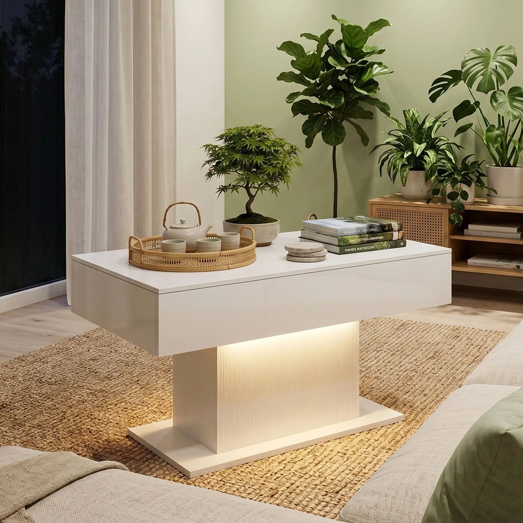 HOMCOM LED konferenční stolek s úložným prostorem, vysoký lesk, moderní, 2 zásuvky a dálkové ovládání, bílá