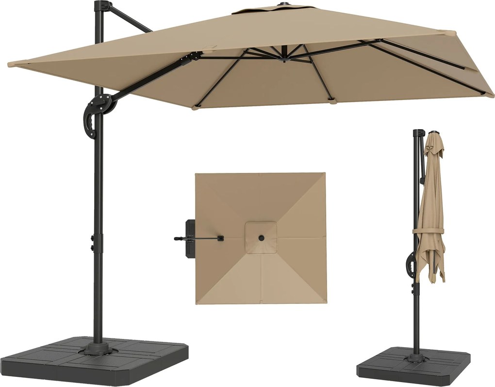 Outsunny závěsný čtvercový slunečník 2,4 × 2,4 m s podstavcem a závažími — hliníkový stožár 360° otočení s pedálem, UPF50+, 5 poloh náklonu, khaki | A