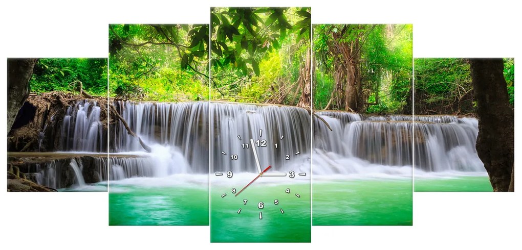 Gario Obraz s hodinami Thajsko a vodopád v Kanjanaburi - 5 dílný Rozměry: 150 x 70 cm