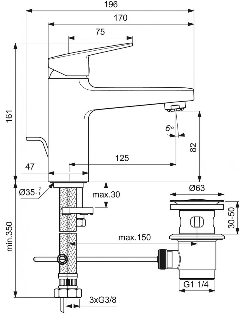 Ideal Standard Ceraplan - Umyvadlová baterie Grande nízkotlaká s kovovou odtokovou garniturou, chrom BD230AA