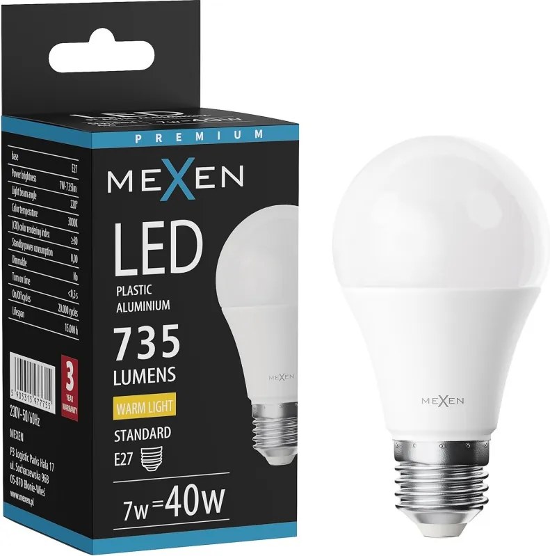 Mexen Nova, LED žárovka E27, A60, 7W, teplá - 3000K, 735 lm - L100-E27-0730-01