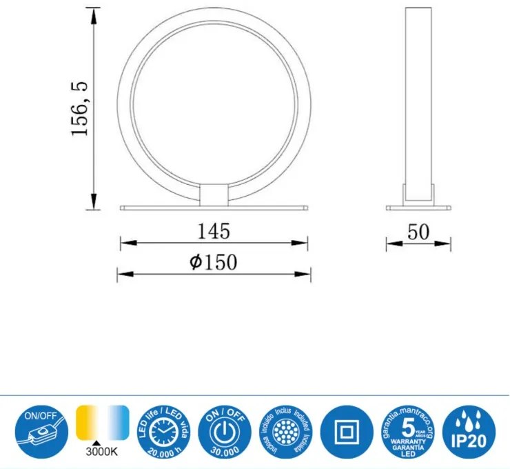 Mantra Kitesurf, bílá kruhová stolní lampa, 8W LED 3000K, průměr 15cm