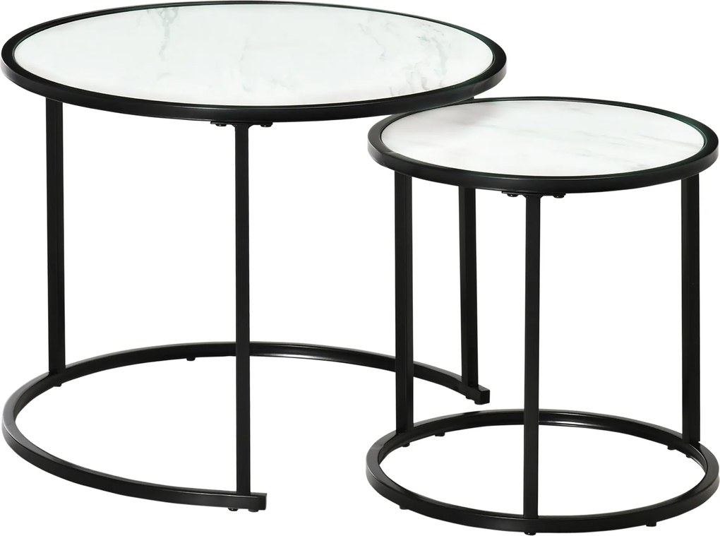 HOMCOM Sada 2 Stohovatelných Kulatých Konferenčních Stolků s Faux Mramorovou Deskou a Ocelovým Rámem Ø60x46 cm a Ø40x40 cm Bílá | Aosom