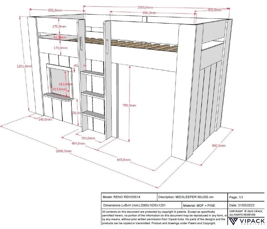 Bílá vyvýšená dětská postel z borovicového dřeva 90x200 cm RENO – Vipack