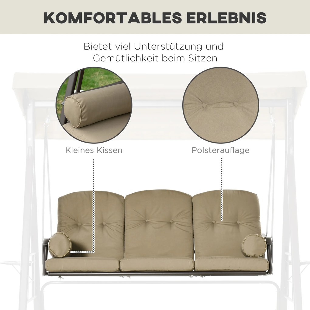 Třímístná zahradní houpačka Outsunny Hollywood s polštáři se sluneční stříškou kov polyester khaki 116 x 206 x 183 cm | Aosom