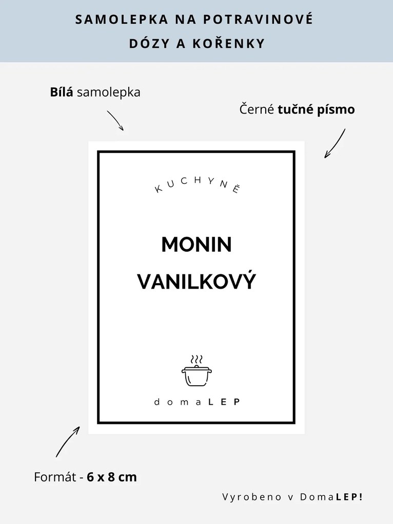 Samolepka na láhev MONIN VANILKOVÝ 6 x 8 cm – bílá vinylová, voděodolná, omyvatelná samolepka na dózy, tučné písmo