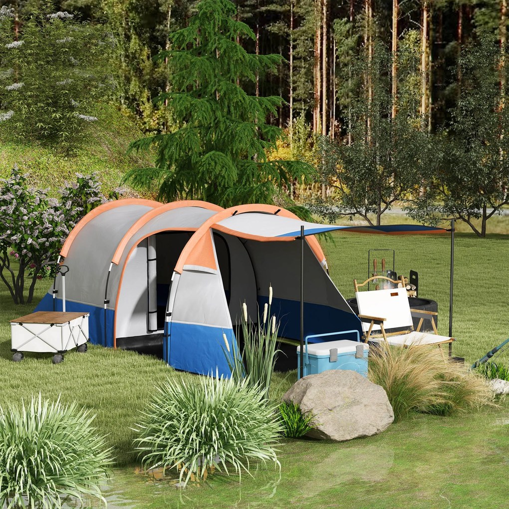 Outsunny Kempovací Stan, Tunelový Stan pro 3 Osoby, s Háčkem na Světlo, Předsíňkou, 2 Místnostmi, Dětský Stan Odolný proti Větru s Taškou, Stan s Vys…