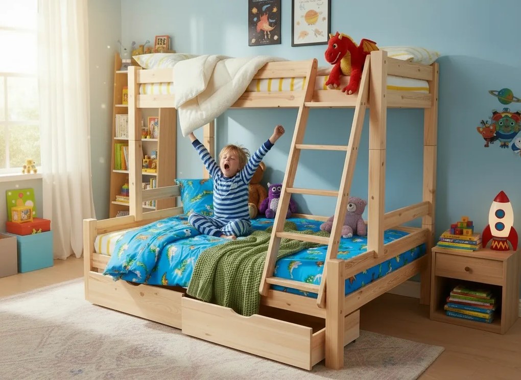 Dětská patrová postel s rozšířeným spodním lůžkem z masivu ROBUST 8X8 6A - 200x90 cm