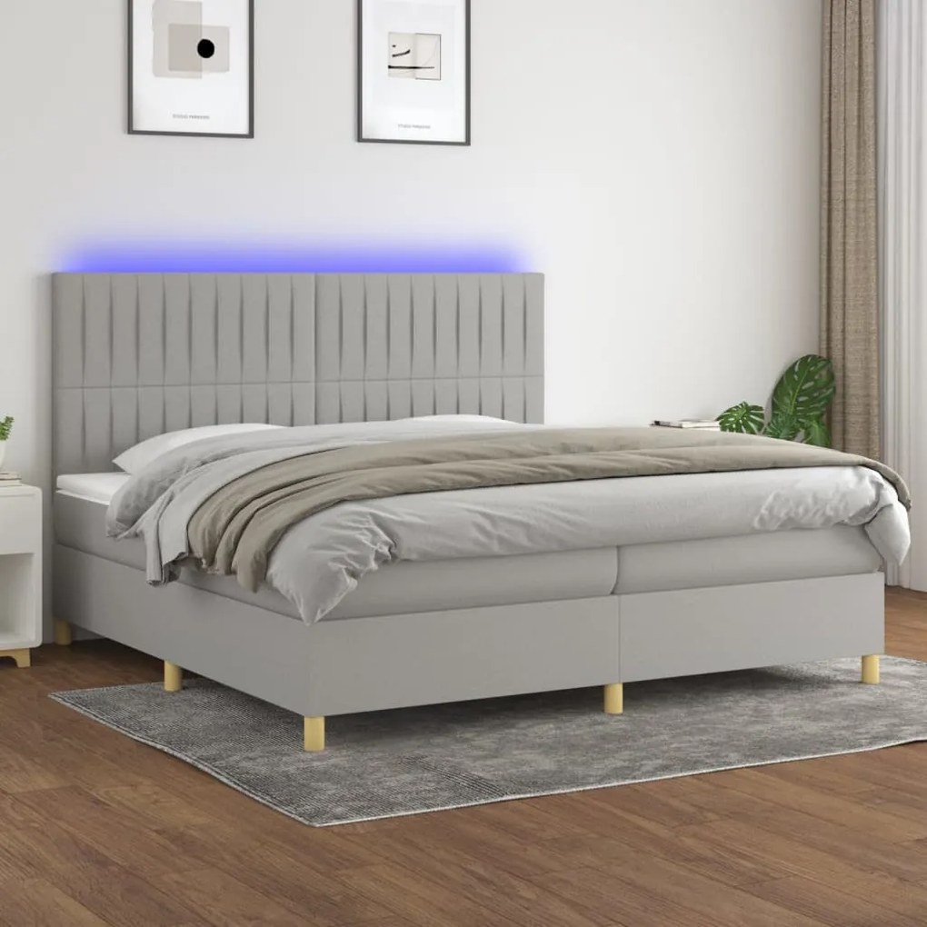 Box spring postel s matrací a LED světle šedá 200x200 cm textil 3135621