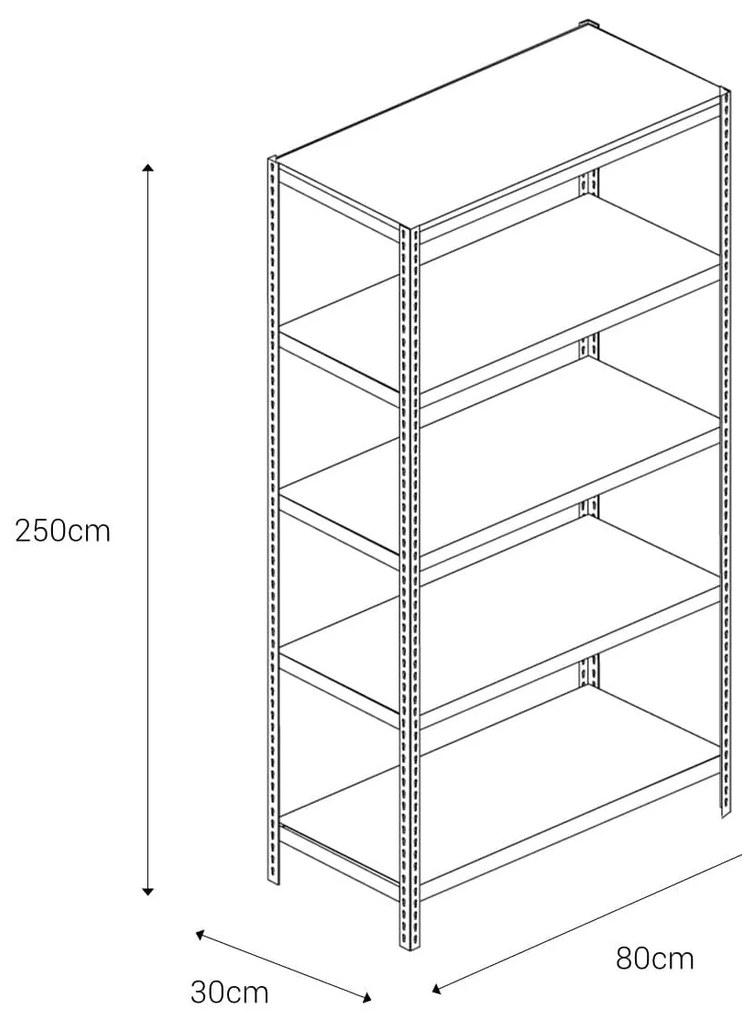 Bezšroubové kovové regál 250x80x30cm L profil, 5 polic