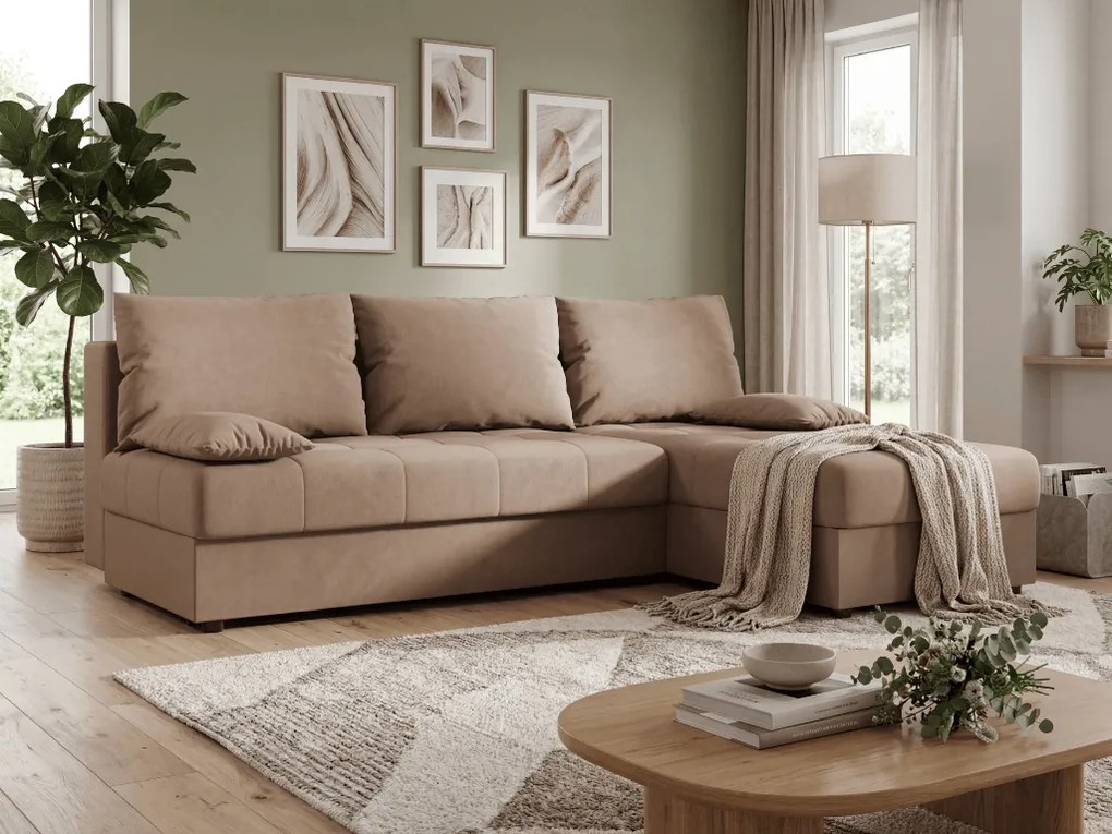 Rozkládací oboustranná sedací souprava do L VENORIA SLIM 200x143 cm, béžová + 2 polštářky ZDARMA