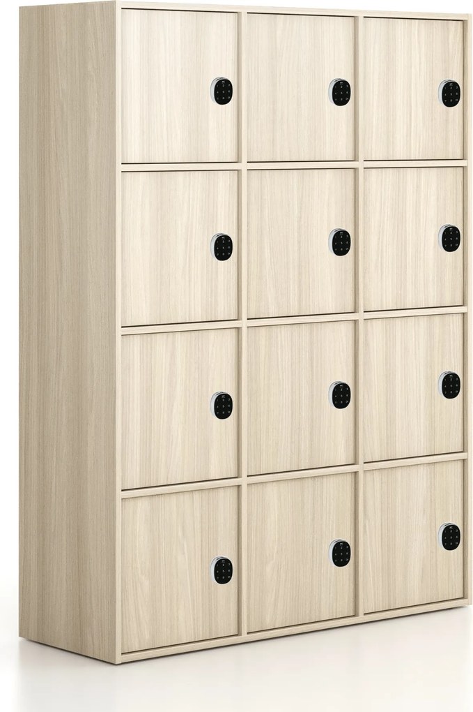 Kancelářská skříň FRAME, 12x dveře, 1299 x 450 x 1735 mm, kódový zámek, dub přírodní