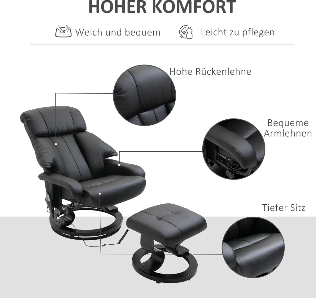 Televizní křeslo HOMCOM s funkcí polohování, hluboké čalounění, vysoký opěrák a područky, otočné o 360°, imitace kůže, 76L x 80W x 102H cm, černá | A…