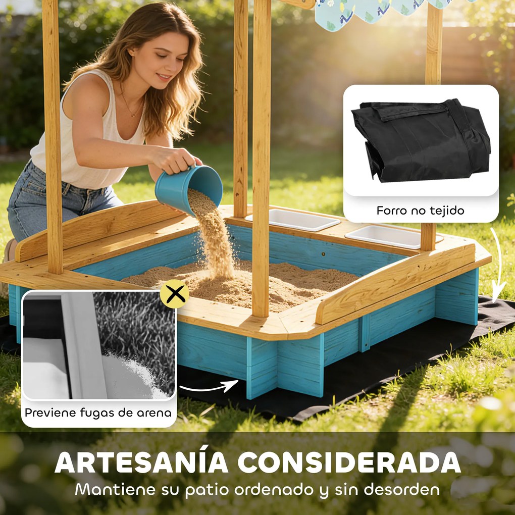 AIYAPLAY Dřevěné pískoviště se střechou, 3 lavice, 2 PP boxy, podklad pro děti 3-6 let, 128x118x121 cm, modrá