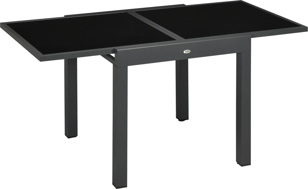Rozkládací zahradní stůl Outsunny z hliníku s obdélníkovým tvarem a tvrzeným sklem pro 4-6 osob, nosnost 50 kg, rozměry 80-160x80x75 cm, černý