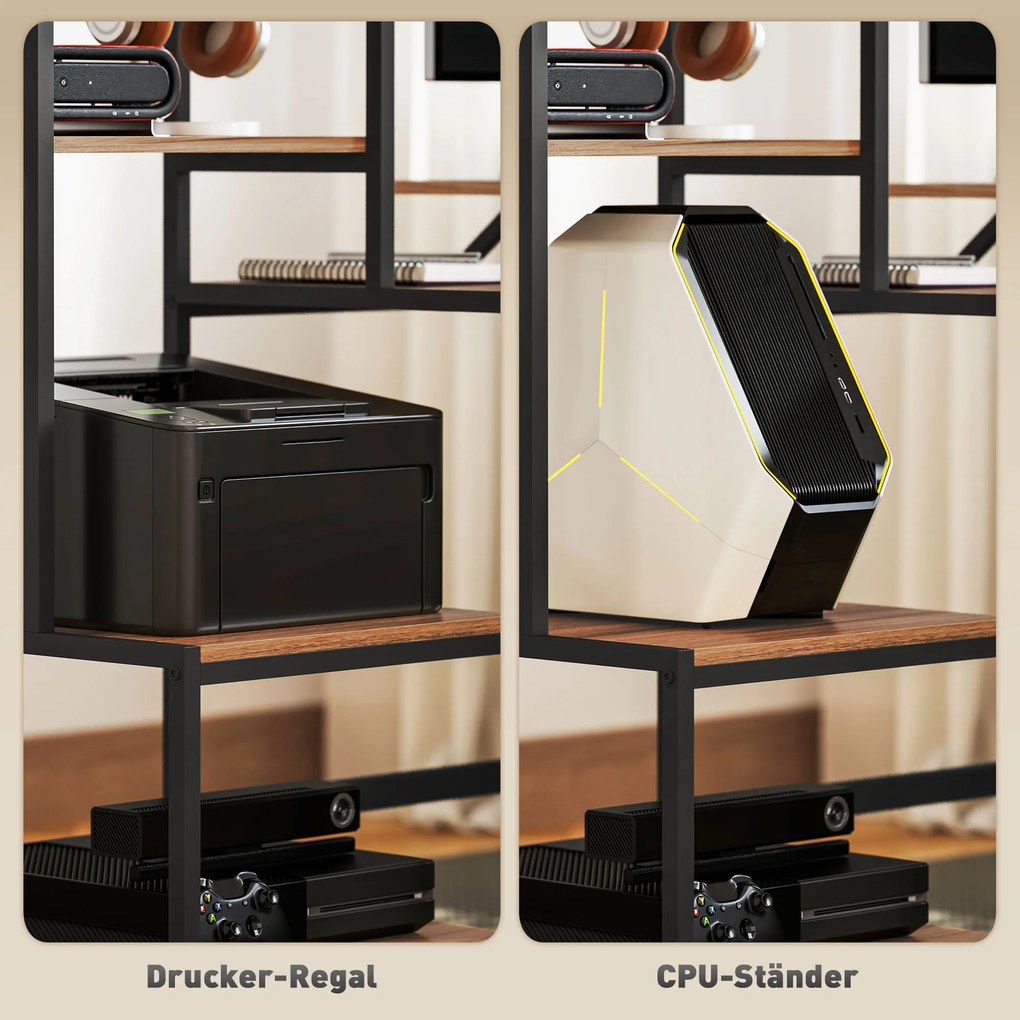 HOMCOM Stůl 150 x 48 cm Počítačový stůl s podstavcem na monitor, stojanem na CPU, policí na tiskárnu, 4 policemi, kovovým rámem pro domácí kancelář, …