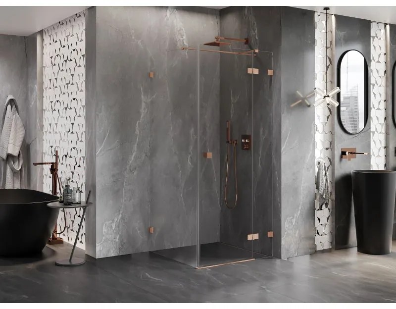 Mexen Lunar T, výklopný sprchový kout pravý 120 x 120 cm, 8mm čiré sklo, profil měděná matná, 834T-120-120-65-00-P