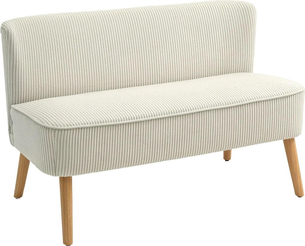 HOMCOM Moderní dvoumístná pohovka bez opěrky se sametovým vzhledem, malá pohovka s dřevěnými nohami pro obývací pokoj, 117 x 56,5 x 77 cm, Krémová | A