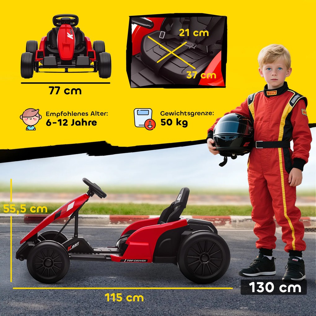 AIYAPLAY 24 V elektrické Go-Kart pro děti do 18 km/h, Gokart s drift funkcí, drift-kart s 2 motory, nastavitelná sedačka, červená
