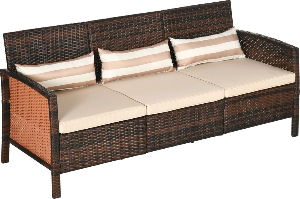 Outsunny Ratanová pohovka s polstry, pro 3 osoby, zahradní lounge pohovka, ocel, hnědá, 173 x 68 x 78 cm