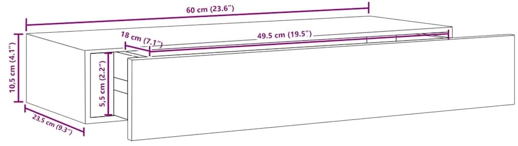 vidaXL Marketos Nástěnné police se zásuvkou 2 ks šedé 60 x 23,5 x 10 cm MDF