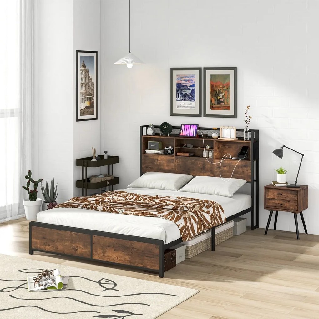 Costway Rám postele s nabíjecí stanicí a úložným prostorem a – 200 x 140 cm