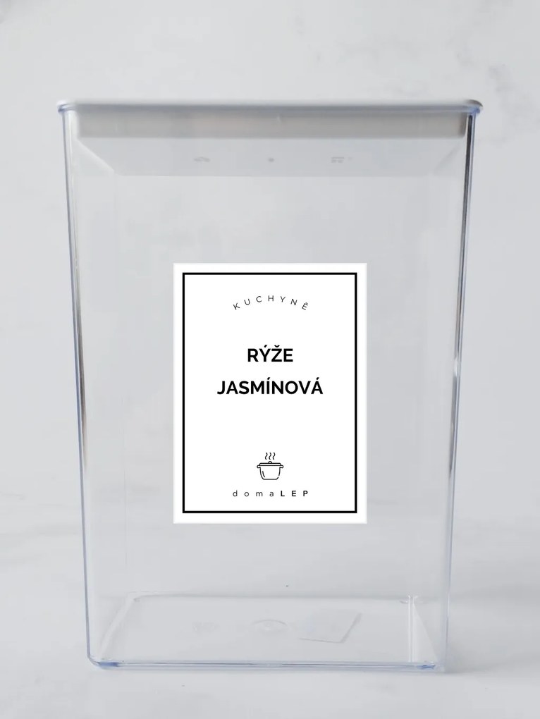 RÝŽE JASMÍNOVÁ– bílá samolepka na dózu, tučné písmo, 6 x 8 cm | DomaLEP
