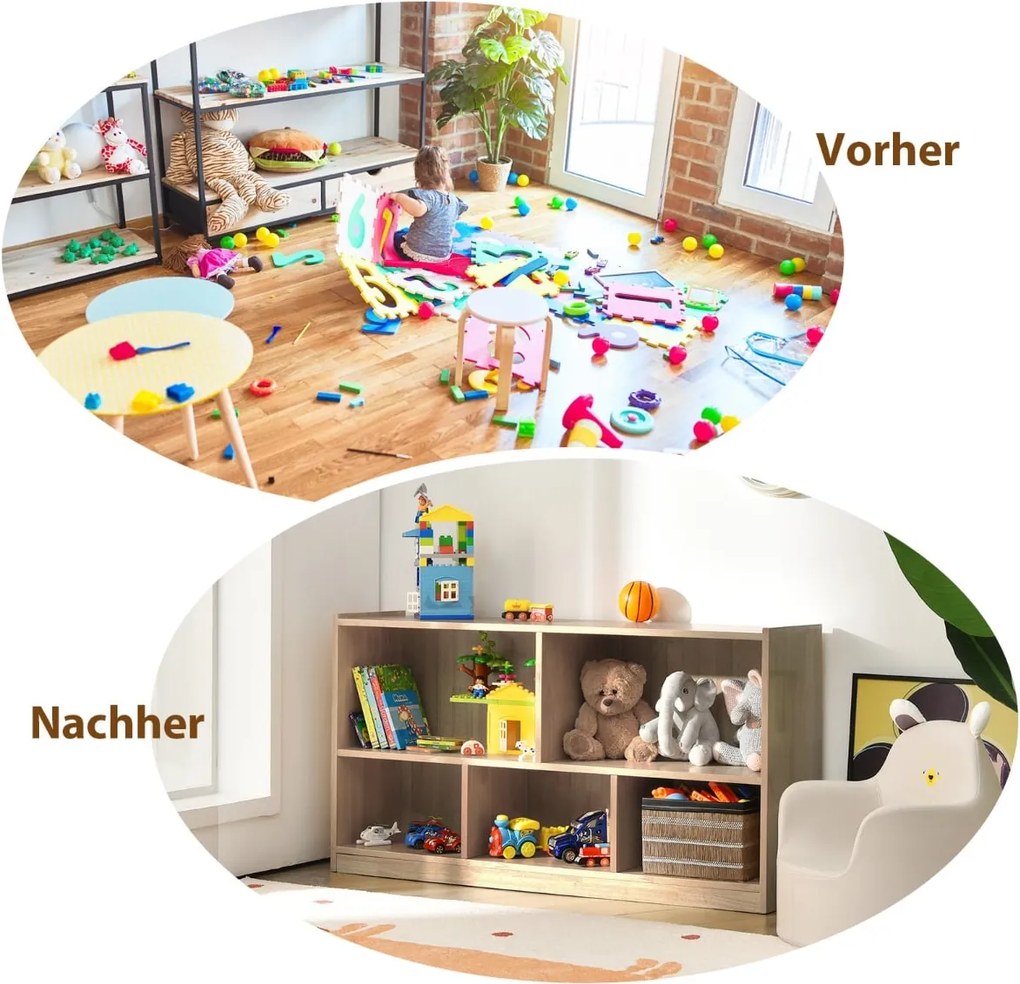 Costway Dřevěná skříňka na hračky dětská police s 5 přihrádkami, přírodní