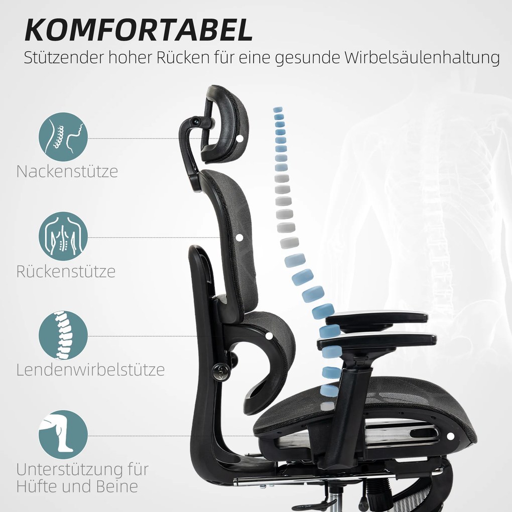 HOMCOM Ergonomická kancelářská židle s opěrkami, opěrkou hlavy, bederní oporou, výškově nastavitelná, otočná židle s funkcí houpání, sklopným mechani…