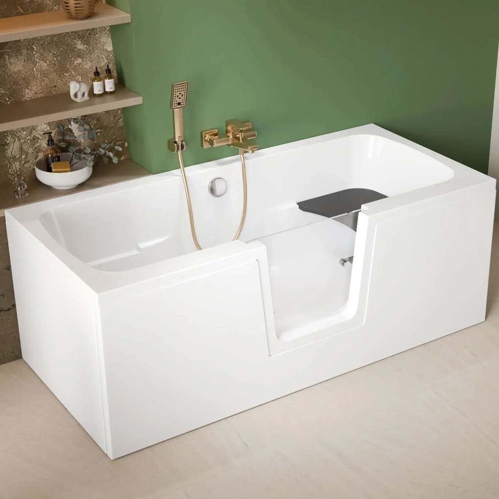 Vana s dvířky Polimat OVI 160x75 LEVÁ s bílým čelním krycím panelem + vanový sifon automat s přepadem VABPS-ZU 70