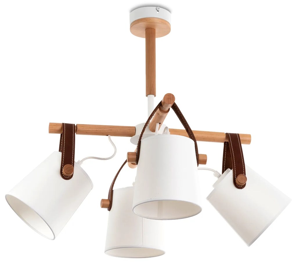 Light for home - Lustr 60404 "RIONI"v bílém provedení s koženými řemínky a bílými textilními stínítky, 4x40W, E27, bílá, přírodní olše, hnědá kůže