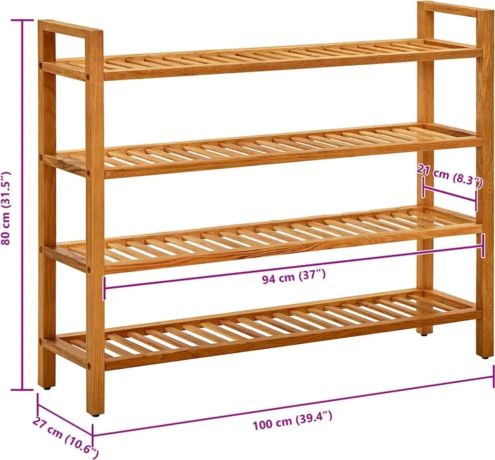 Botník se 4 policemi 100 x 27 x 80 cm masivní dubové dřevo 331750