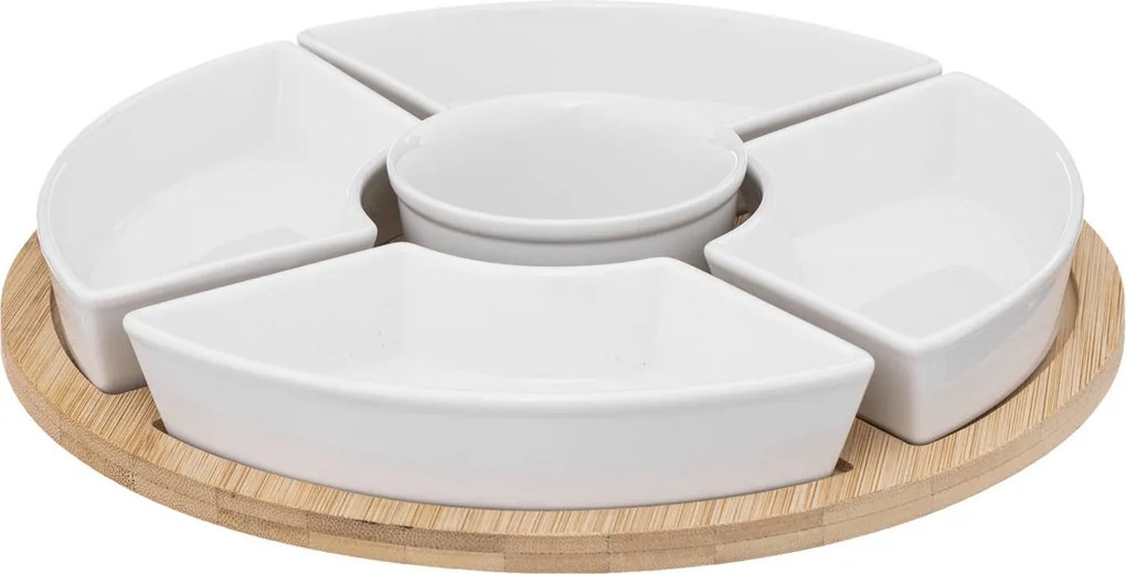 Servírovací set: 6 porcelánových misek + bambusový tác