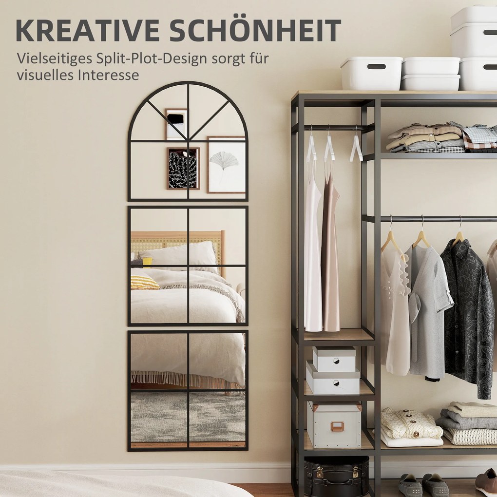 HOMCOM nástěnné zrcadlo 60 x 180 cm trojdílné, zakřivené zrcadlo s kovovým rámem, dekorativní visící zrcadlo, okno zrcadlo pro koupelnu a obývací pok…