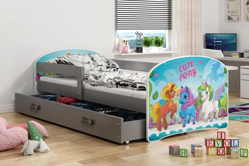 Dětská postel LUKI se šuplíkem - barva grafit - PONÍCI