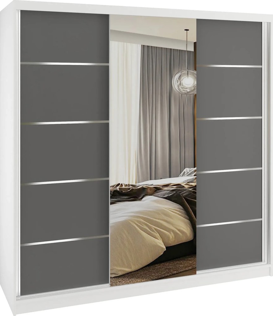 Šatní skříň SERENITY 200 cm Belini bílý mat /šedý mat s posuvnými dveřmi a zrcadlem  MT SERENITY SZP5/0/W/SR/0/HIAL