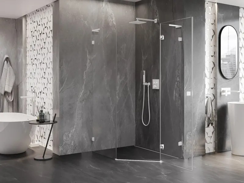 Mexen Lunar, L pravý výklopný pětiúhelníkový sprchový kout 90 x 100 cm, 8mm čiré sklo, bílý profil, 831L-090P-100L-20-00-P