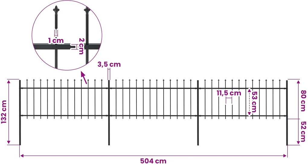 Zahradní plot s kopím nahoře ocelový 504 x 80 cm černý 277604
