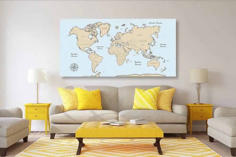 Obraz béžová mapa světa na modrém pozadí - 120x60 cm