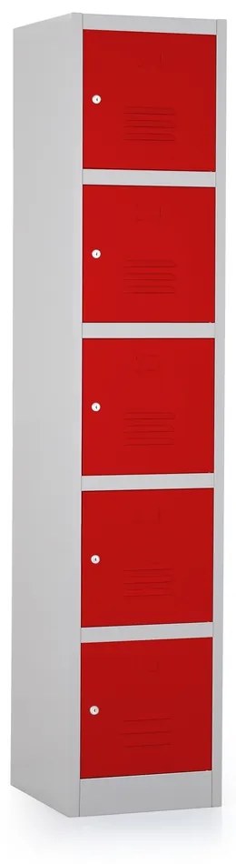 Kovová šatní skříňka - 5 boxů, 38 x 45 x 185 cm, cylindrický zámek, červená - ral 3000