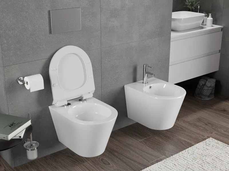 Mexen Rico, závěsná WC mísa 490x360x370 mm, Rimless Tornádo + WC sedátko z duroplastu, bílá lesklá, 30720100T