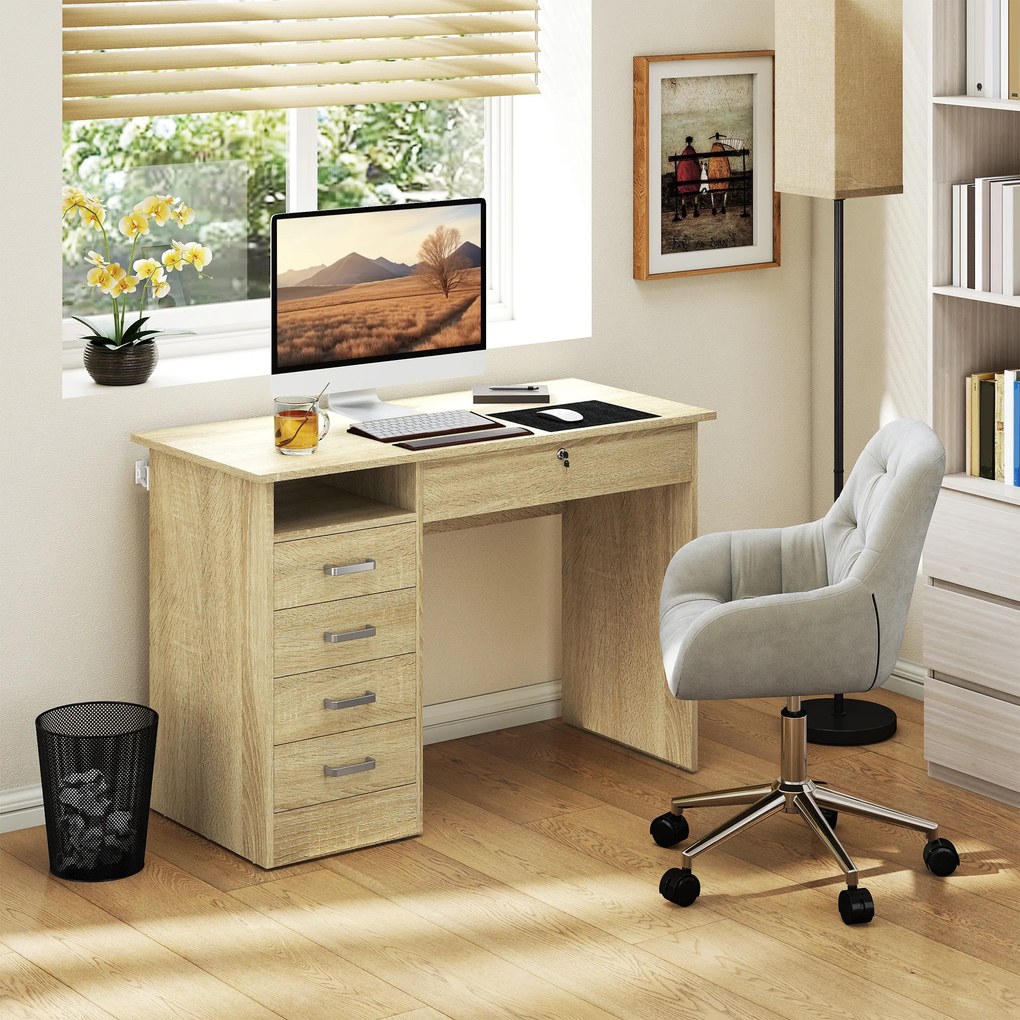 HOMCOM Moderní psací stůl s 5 zásuvkami, velkou deskou, 1 otevřenou přihrádkou, zamykatelnou zásuvkou, 110 x 50 x 76 cm, dub